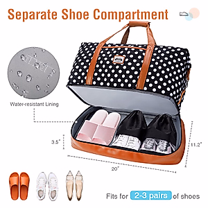 Lekebobor Polka Dot Overnight Bag for Women Weekender Bag with Shoes Bags Shoes Compartment Toiletry Bag,Travel Duffle Bag for Women Large Holdall Travel Weekend Bag 35L White Dots
