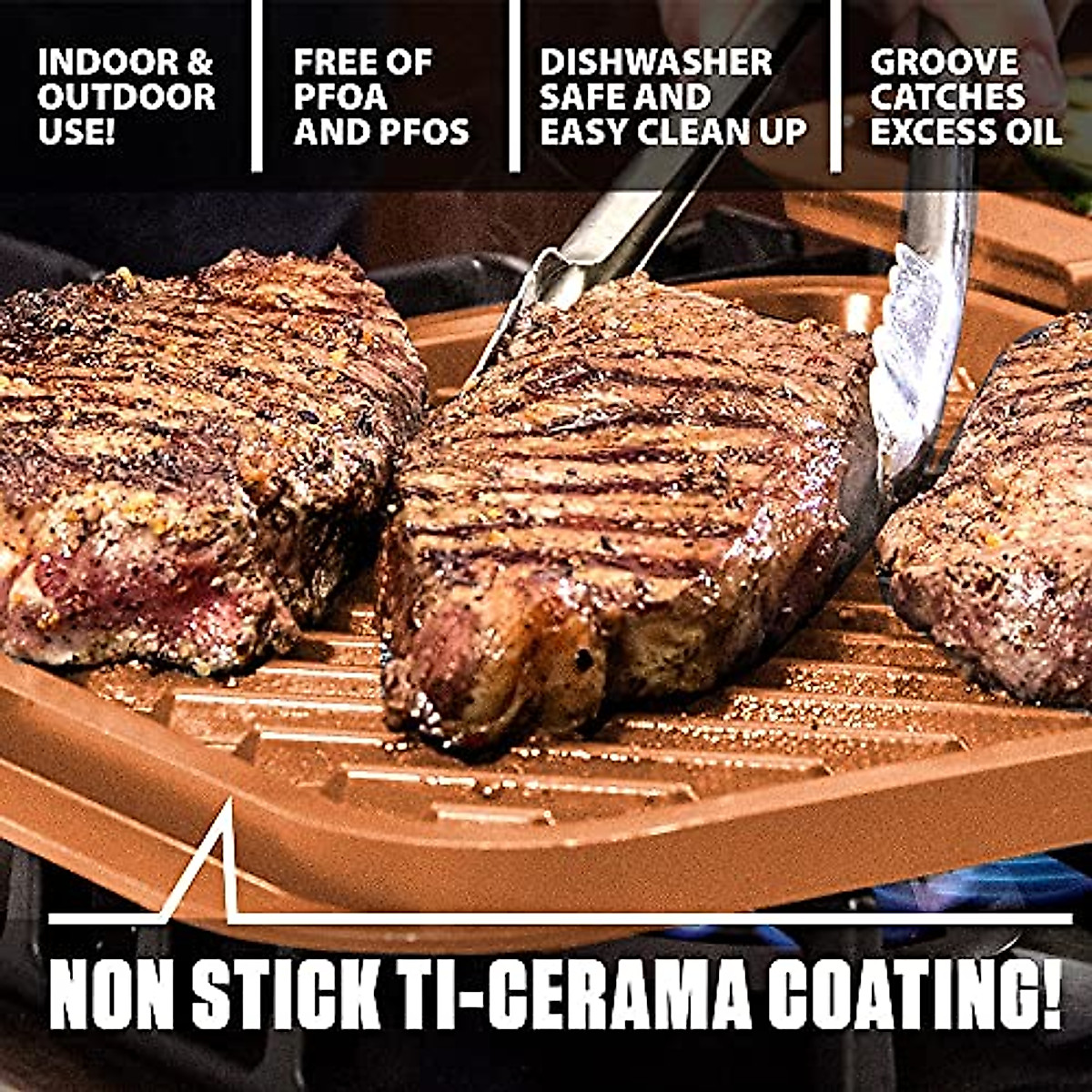 Gotham Steel Nonstick Double Grill Griddle Pan, Brown Reversible with Ti-Cerama Coating, Perfect for BBQs and More As Seen on TV-XL, X-Large