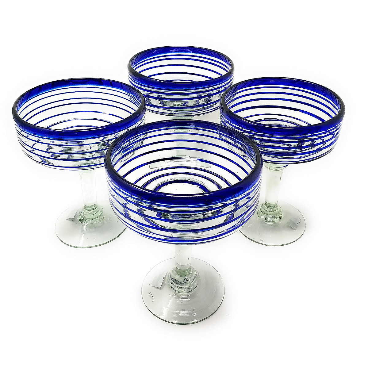 Mexican Hand Blown Glass – Set of 4 Hand Blown Margarita Glasses (16 oz) with Blue Spiral Design