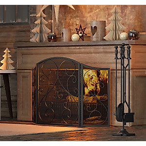 Fire Beauty Fireplace Screen 3 Panel Wrought Iron Metal 48"(L) x30(H) Spark Guard Cover(Black)