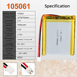 AKZYTUE 3.7V 3400mAh 105061 Lipo battery Rechargeable Lithium Polymer ion Battery Pack with JST Connector