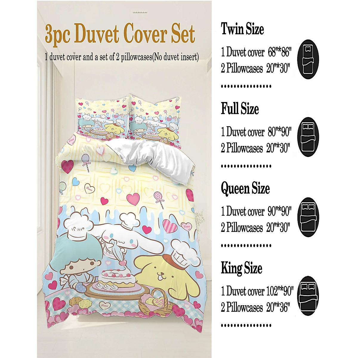 EIANLAI 3 Piece Anime Bedding Set 3D Printed Cartoon Soft Duvet Cover Set for Bedroom (1 Duvet Cover & 2 Pillowcases)-Full