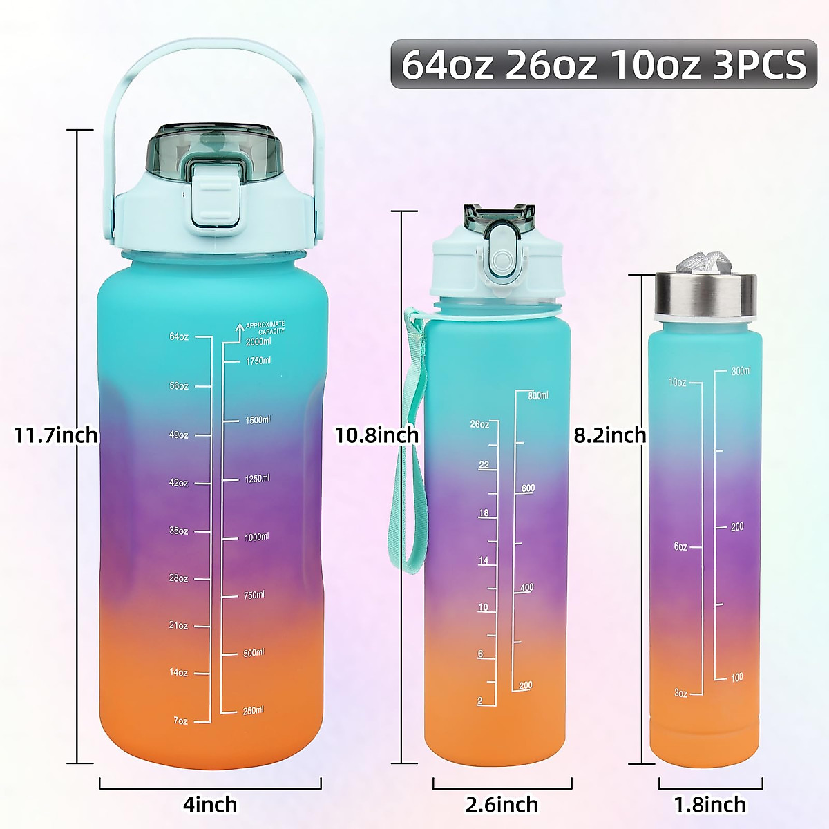 64 oz Water Bottle with Straw 3PCS Half Gallon Water Bottle with Time Marker Large Resuable Cut Motivational Water Bottle for Gym Sports Big Circle Pink Water Bottles with Handle (gradient blue)