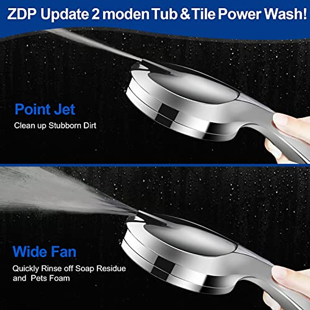 ZDP High Pressure Handheld Shower Head，10 Mode High Flow Hand Held Showerhead Set，5.04IN Showerhead 59IN Stainless Steel Hose Adjustable Brass Ball Bracket Built-in Power Wash To Clean Tub Tiles Pets