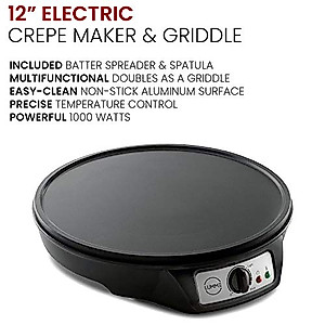 Lumme Crepe Maker - Nonstick 12-inch Breakfast Griddle Hot Plate Cooktop with Adjustable Temperature Control and LED Indicator Light, Includes Wooden Spatula and Batter Spreader.