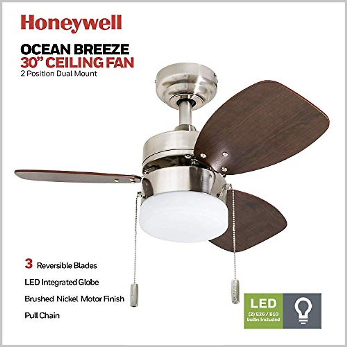 Honeywell Ceiling Fans Ocean Breeze, 30 inches, Contemporary LED Light Kit