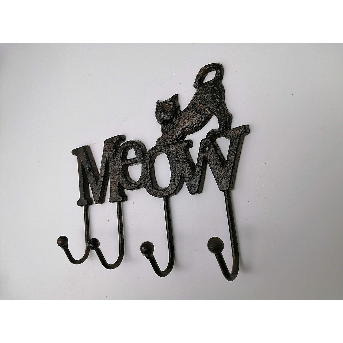 Comfy Hour Antique and Vintage Animal Collection 6" Cast Iron Cat Meow Four Key Hooks Key Chain Wall Hanger