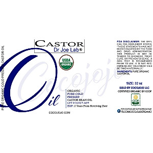 Dr Joe Lab Castor Oil Organic, Cold Pressed Organic Castor Oil, Unrefined, Pure USDA Certified Hexane Free Non GMO - Natural Moisturizing Hydrating Hair Skin Face Body Nails - 32 Oz