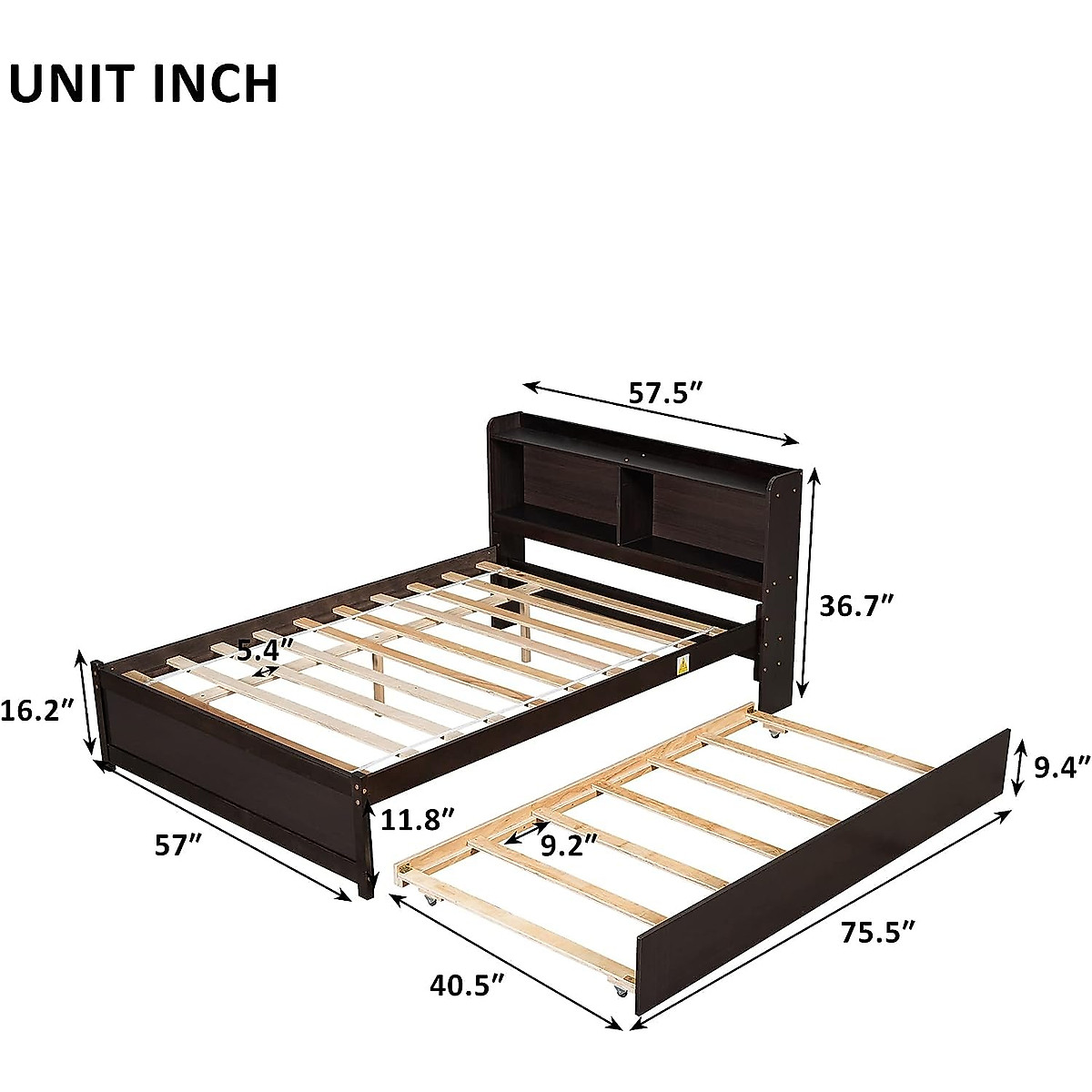 Harper & Bright Designs Full Bed Frame with Trundle, Full Trundle Bed with Bookcase Headboard, Wood Full Size Platform Bed with Twin Trundle Bed Under for Kids Girls Boys, Espresso