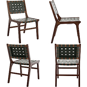 DM Furniture Farmhouse Dining Chairs PU Leather Kitchen Chairs Set of 2 Modern Woven Strips Side Chairs Comfy Wood Legs Accent Chair for Dining Room/Living Room/Bedroom/Restaurant, Green