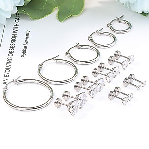 LOYALLOOK 11Pairs Stainless Steel Ear Stud Piercing Hoop Earrings Set Cute Huggie Earrings Cubic Zirconia Cartilage Barbell Stud Earring Screw Flat Back Earrings