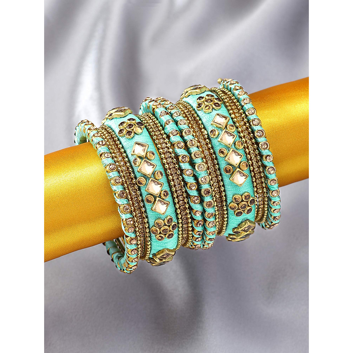 Aheli Ethnic Handmade Silk Thread Faux Stone Studded Bangle Set Chudha Indian Traditional Wedding Wear Fashion Jewelry for Women (Light Green 2.8 Inch)