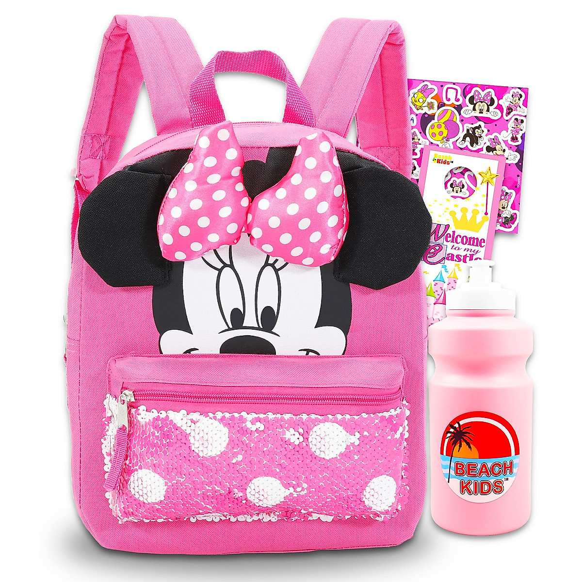 Disney Minnie Mouse Backpack for Girls Bundle ~ Deluxe 12" Mini Sequin Bag with Stickers (Minnie Mouse School Supplies)