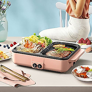 2-in-1 Electric Grill and Hot Pot, Smokeless Indoor Griddle, Portable Non-Stick Teppanyaki Pan, Adjustable Temperature, 1200W Power - Ideal for Indoor/Outdoor Parties (Pink)