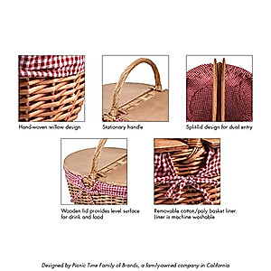 PICNIC TIME - Country Vintage Picnic Basket with Lid - Wicker Picnic Basket for 2, (Red & White Gingham Pattern)