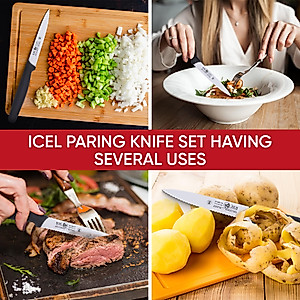 ICEL 4 Inch Paring Knife, Serrated Edge, High Carbon German Stainless Steel razor Sharp Blade, Red Handle