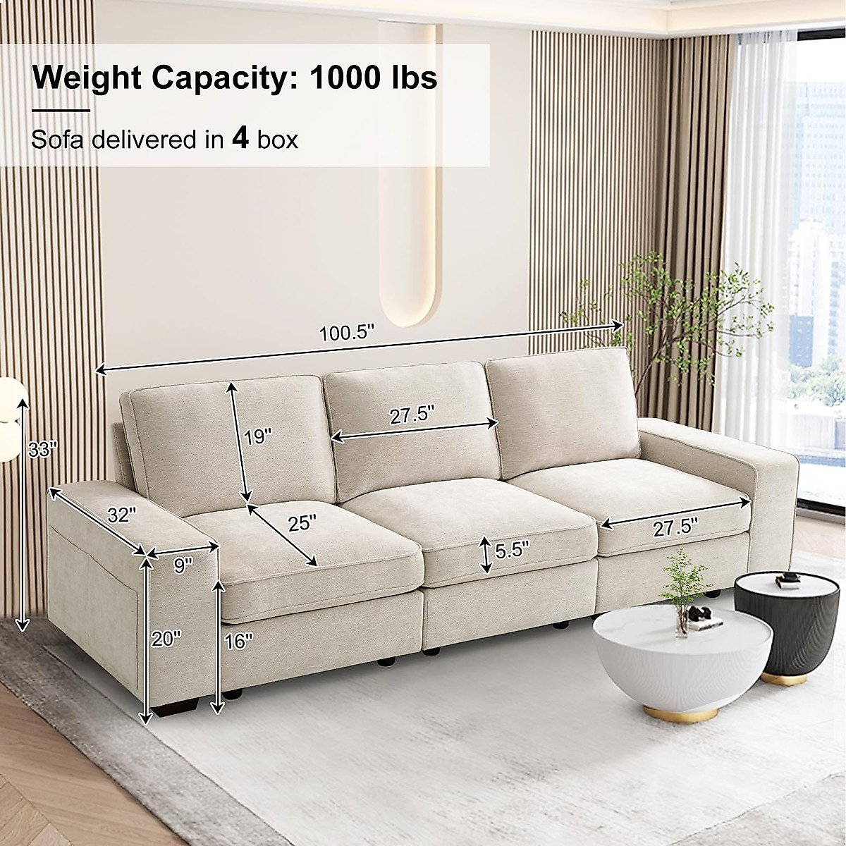 100.5" Modular Sectional Sofa with Seat Storage,Modern Chenille Couch 3 Seater Sofas for Living Room,Extra Wide Armrest,Side Pockets,Washable Sofa Cover and Solid Wood Frame, Easy to Install(Beige)
