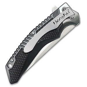 Honshu Premium Sekyuriti Ball Bearing Opening Pocket Knife - D2 Tool Steel Blade, Black TPU Handle Scales, Steel Pocket Clip – Ideal Everyday Carry Knife - 4 1/2" Closed