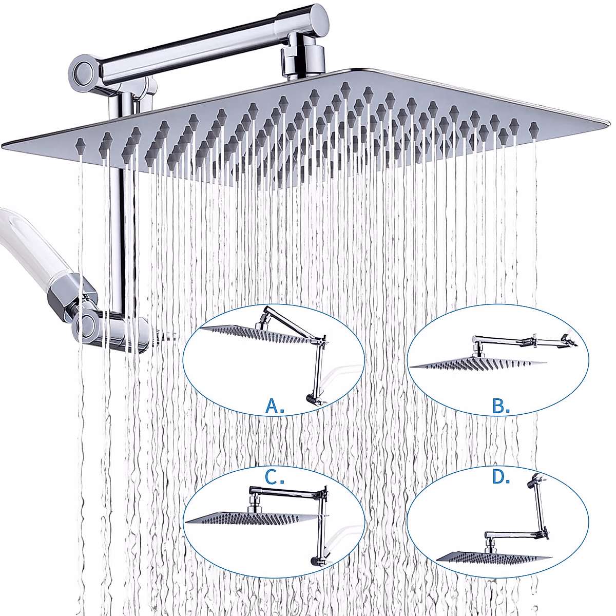 G-Promise Rain Shower Head with 13" Adjustable Extension Arm | High Pressure All Metal Rainfall Showerhead | 10" Luxury Modern Look Square Large Waterfall Showerhead (Chrome)