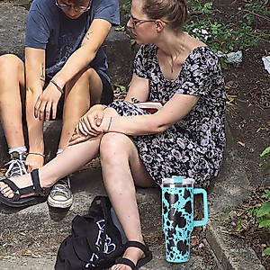 MKent 40oz COWPRINT Insulated Tumbler Trendy Stainless Steel Large Tumbler With Handle & Straw Lid,Travel, Leak Proof Tumblers Cup,Keeps Drinks Cold/Hot for 6Hrs (Lake Green Cow Print)