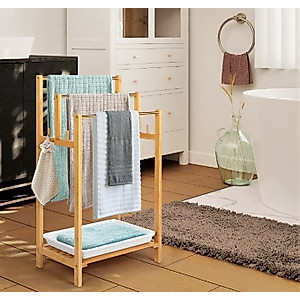 Nisorpa 3 Tier Freestanding Towel Rack Bamboo Bathroom Towel Drying Stand Holder Bamboo Standing Towel Rack with Bottom Storage Shelf for Hand Towel Washcloth Facecloth Small Bath Towel and Bathrobe