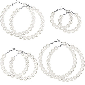 Hicarer 4 Pairs Faux Pearl Hoop Earrings for Women Large Big Drop Dangle Earrings Pearl Beaded Earrings Jewelry for Women Girlfriend Brides Gift (Silver Pearl Hoop)