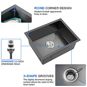 MENATT 24 Inch Undermount Single Bowl Kitchen Sink, SUS304 Stainless Steel Handmade Kitchen Sink Undermount Black, 24"x18"x9"