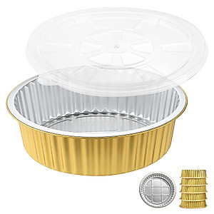 MESTAEK 10" Sturdy Aluminum Foil Pans with Lids (5 Pack), 2X Thicker Heavy Duty Reusable Foil Tin for Cooking Baking
