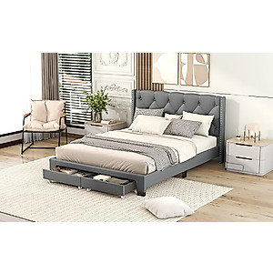ALYSAHOME Upholstered Queen Size Platform Bed with Storage for Kids,Adults Bedroom,Linen Fabric Bedframe w/Two Drawers & Tufted Nailed Headboard,Space Saving Design & No Box Spring Needed, Gray