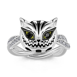 Jeulia Sterling Silver Cheshire Cat Rings for Women ​Enamel Rings Handmade Diamond White Fancy Black Cubic Zirconia ​Bridal Set Wedding Anniversary Engagement Promise with Jewelry Gift Box (silver, 7)