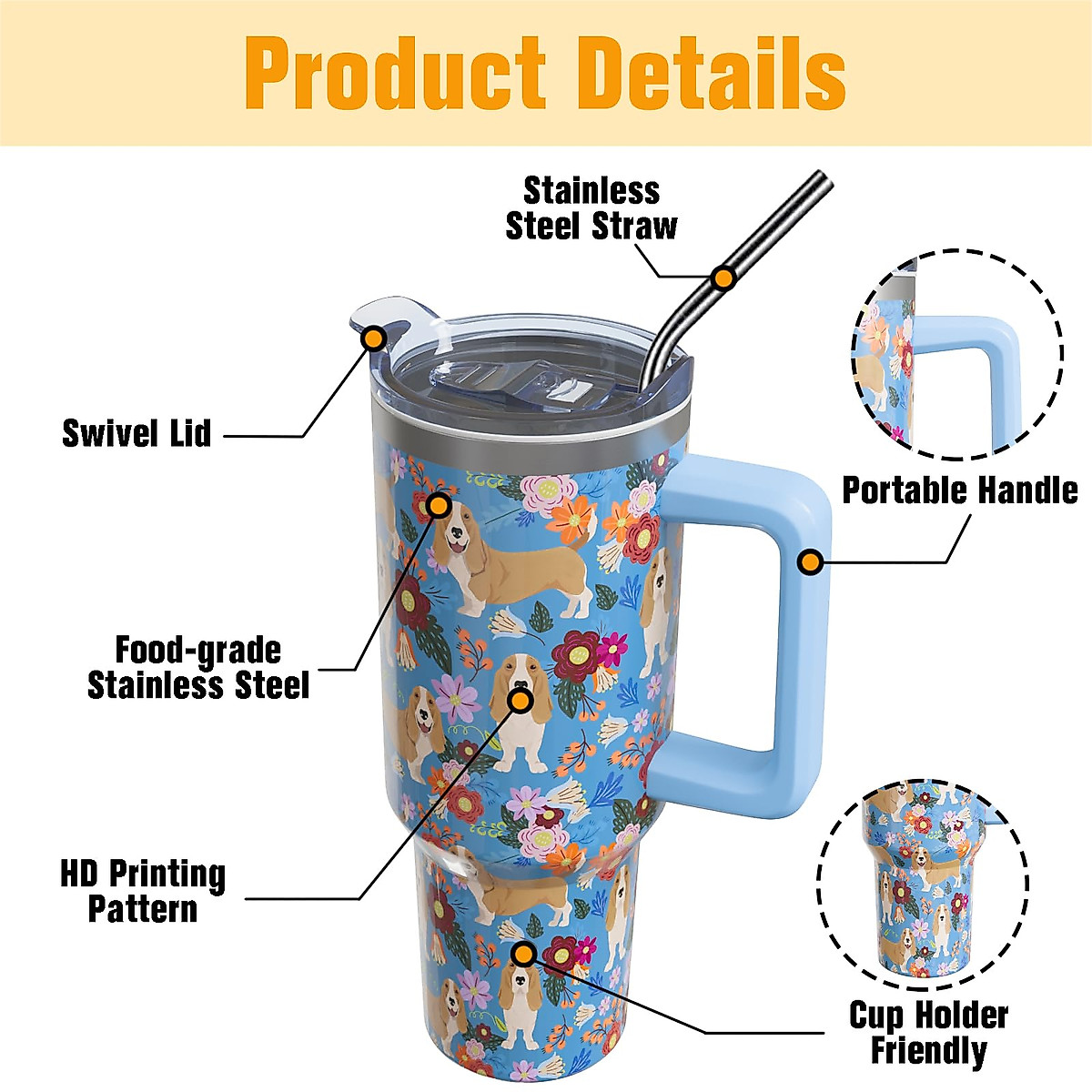 owbgsdh Basset Hound Gifts for Women Dog Lovers 40 oz Floral Basset Hound Tumblers with Handle and Straw, Stainless Steel Vacuum Insulated Travel Coffee Mug Cup Water Bottle
