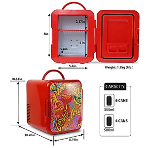 Coca-Cola Peace 1971 Series Portable 6 Can Thermoelectric Mini Fridge Cooler/Warmer, 4 L/4.2 Quarts Capacity, 12V DC/110V AC for home, dorm, car, beverages, skincare, cosmetics, medication
