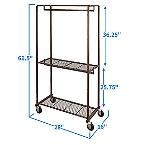 Simple Trending Clothes Garment Rack, Heavy Duty Commercial Grade Clothing Rolling Rack on Wheels and Bottom Shelves, Holds up to 300 lbs, Bronze