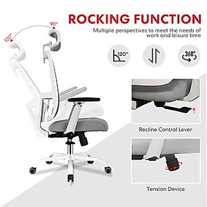 Schwake Ergonomic Office Chair - High Back Desk Chair with Adjustable Lumbar Support, Headrest & 3D Armrest - 135°Rocking Mesh Computer Chair (White & Grey)