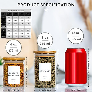 Laramaid 6oz 12Packs Glass Jars Set, Cylinder Spice Jars with Bamboo Lids and Customized Labels, Food Storage Container Canisters for Home Kitchen, Spice, Herbs, Seasoning, Seed, Tea, Sugar, Salt