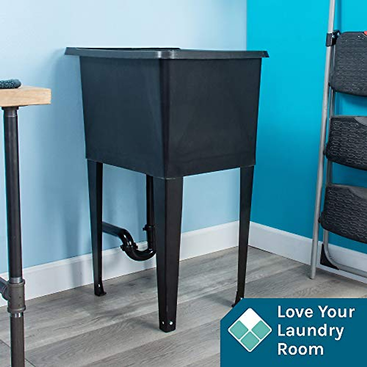 Black Space Saver Utility Sink by JS Jackson Supplies, Freestanding Tehila Space Saving Laundry Tub, Black Metal Legs with P-Trap Kit