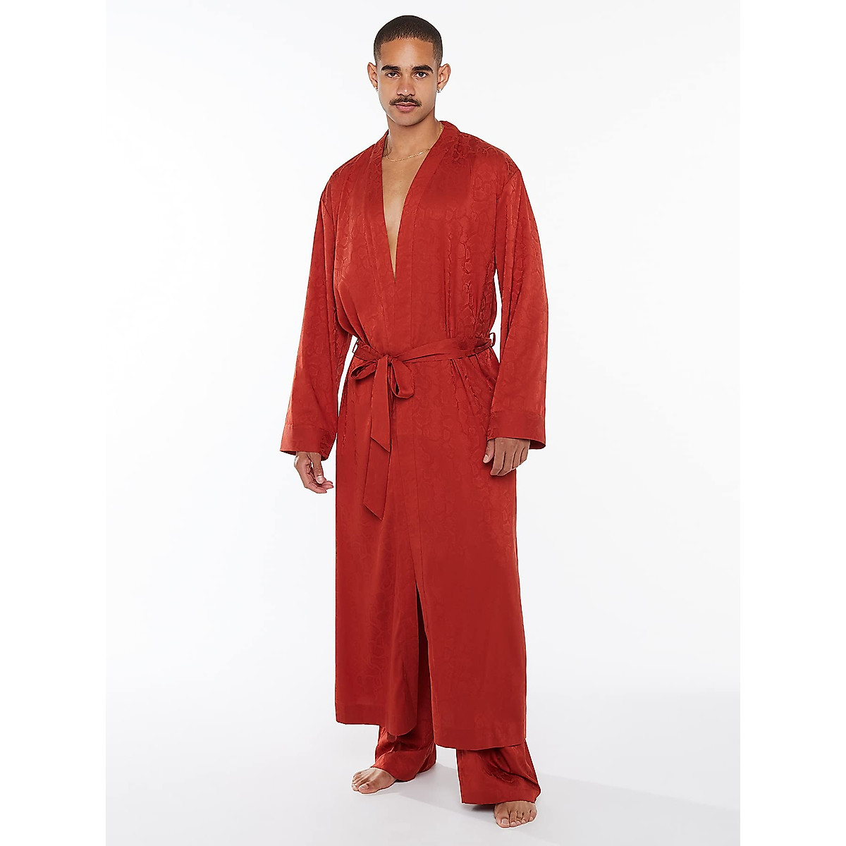 Savage X Fenty, Men's, Savage X Satin Jacquard Long Robe, Henna Red, S