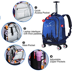 Rolling Backpack with Spinner Wheels For Teens,Roller Bookbag for Girl Boy,Wheeled Laptop Bag Fits 15.6 Inch Notebook,Luggage With Spinner Wheels For Travel,Suitcase Bag with Laptop Padded Compartment