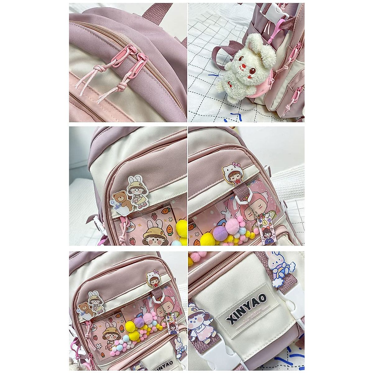 vfdgsaz Cute Kawaii Backpack with cute card plush pendant,Lovely Pastel Rucksack,Aesthetic backpack for girls and teens (blue,one size)