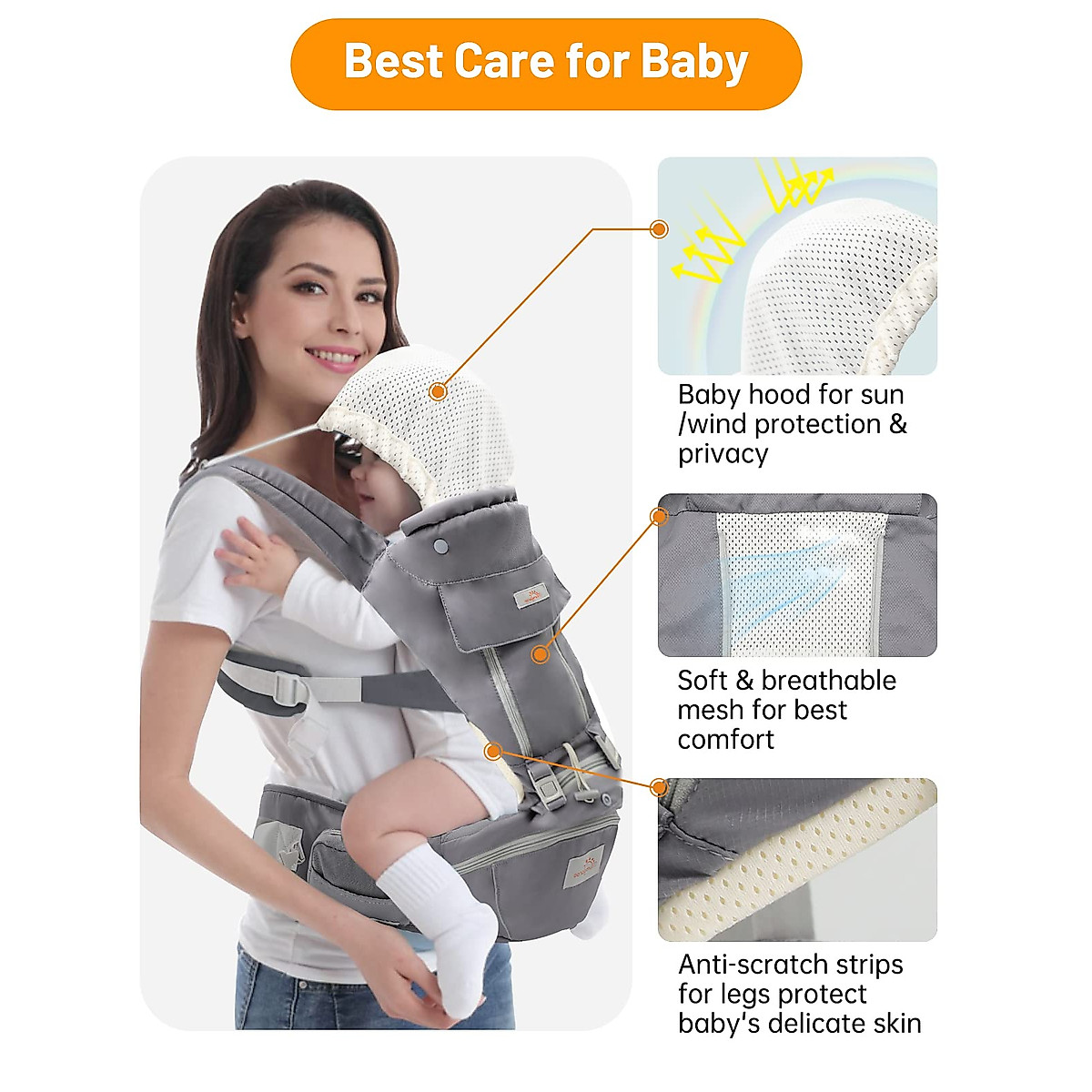 Baby Carrier with Hip Seat, Mumgaroo Baby Carrier Newborn to Toddler All Seasons & All Position Hip Baby Carrier with Hood & Extra Safety Belt, Baby Holder Carrier for Breastfeeding, Infant & Toddler