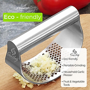 Garlic Press Stainless Steel with Garlic Peeler, Extract More Garlic Paste Per Tooth. Garlic Mincer Tool with Peeler, Equeeze, Estract, Crusher and Press the Garlic Easy and Fast. (Metal, Silver)