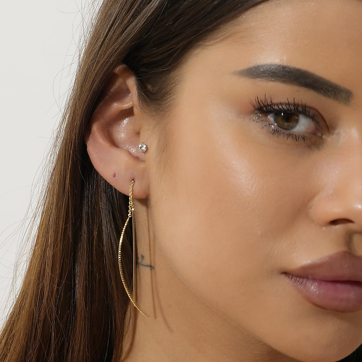 NOKMIT Threader Earrings for Women 14K Gold Tone Long Lightweight Dangle Drop Earrings Dainty Curved Bar Thin Chain Threads Hypoallergenic Jewelry Gifts