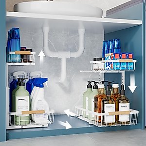 VERIFOST 2 Pack Under Sink Organizers and Storage, Height Adjustable Cabinet Organizer Pull Out Drawer, 2 Tier Metal Under Kitchen Bathroom Sink Organizer, White