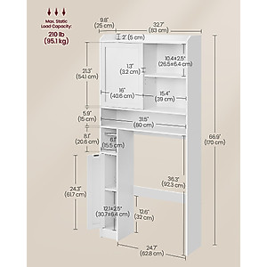 VASAGLE Over The Toilet Storage Shelf, Bathroom Storage Cabinet with Sliding Door, Adjustable Shelves, Toilet Paper Holder, Space-Saving, Modern, 9.8 x 32.7 x 66.9 Inches, Cloud White UBTS018W01