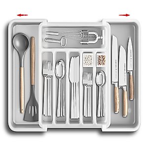 TAELXIID Silverware Drawer Organizer, Expandable Utensil Tray for Kitchen, BPA Free Flatware and Cutlery Holder, Adjustable Plastic Storage for Spoons Forks Knives, Large, Clear