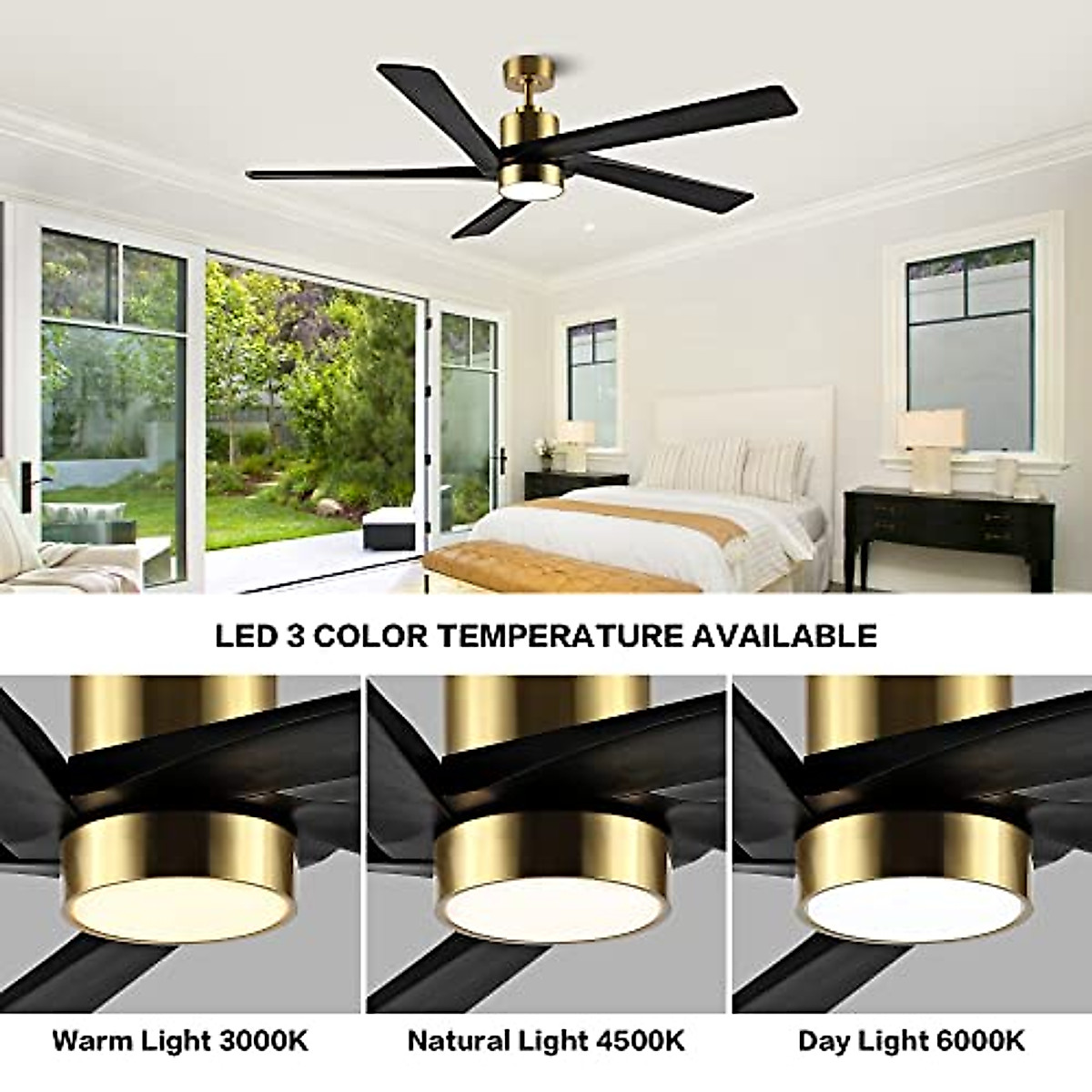 WINGBO 54 Inch DC Ceiling Fan with Lights and Remote Control, 5 Reversible Carved Wood Blades, 6-Speed Noiseless DC Motor, Modern Ceiling Fan in Brass Finish with Black Blades, ETL Listed