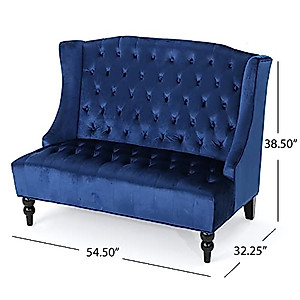 Christopher Knight Home Leora Traditional Tufted Velvet Wingback Loveseat, Navy Blue / Dark Brown