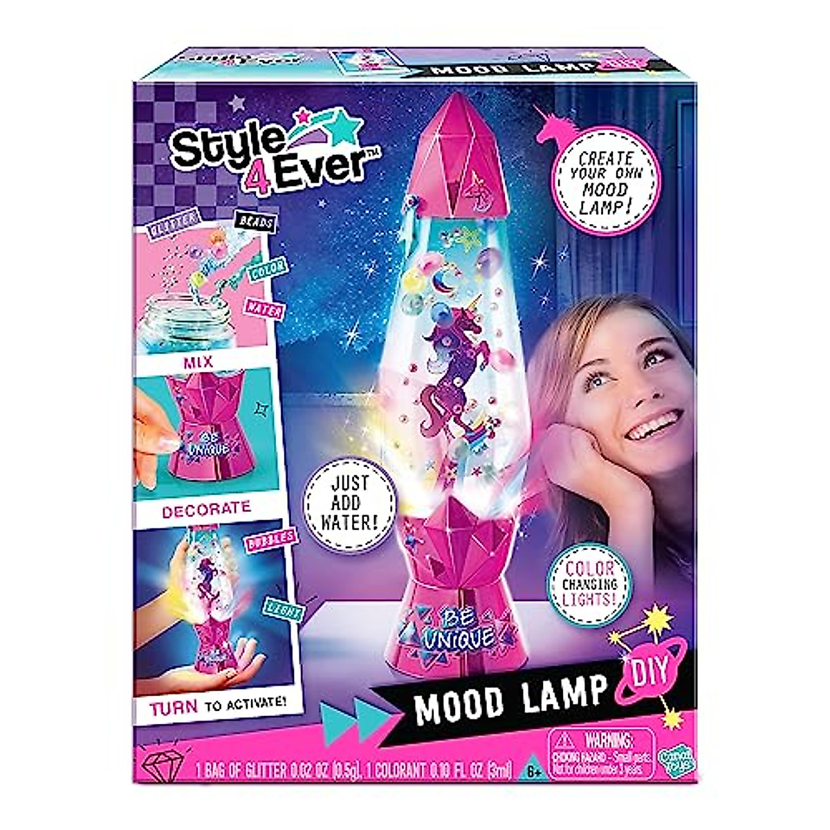 Canal Toys Style 4 Ever DIY Mood Lamp - Customizable Bubble Lamp with Color-Changing LED Lights, Glittery Bubbles, and Swirling Beads. Ages 6+