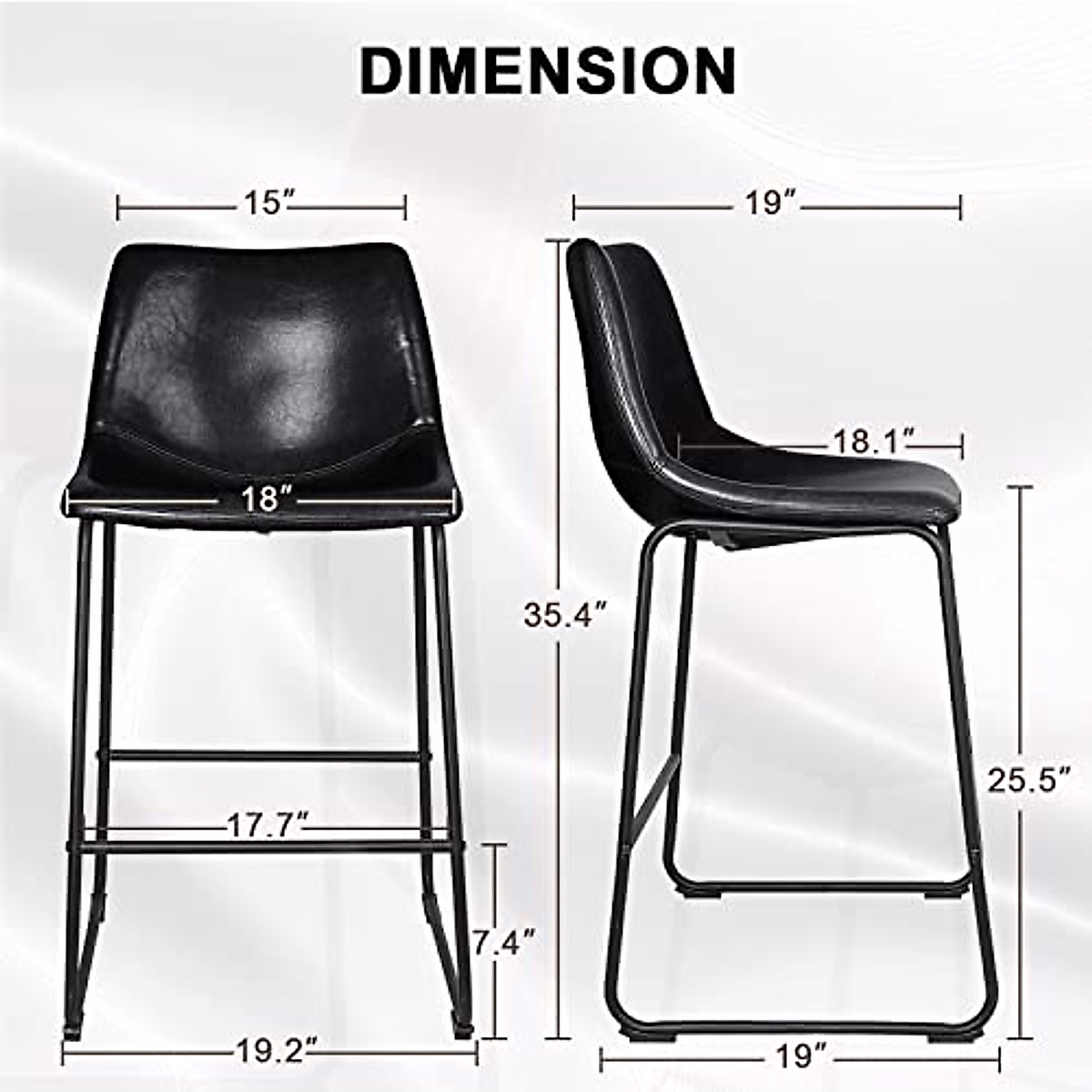 LEMBERI 26 inch Bar Stools Set of 2, Modern Counter Height Bar Stools, Faux Leather Barstool with Back and Metal Leg, Armless Dining Chairs for Kitchen Island Pub Living Room (26, Black)