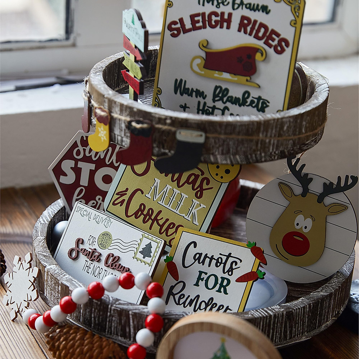 2PCS Christmas Tiered Tray Decor, Tiered Tray Christmas Decor Set, Tiered Tray Decoration, Christmas Wood Signs Christmas Decorations New Year Holiday Decor